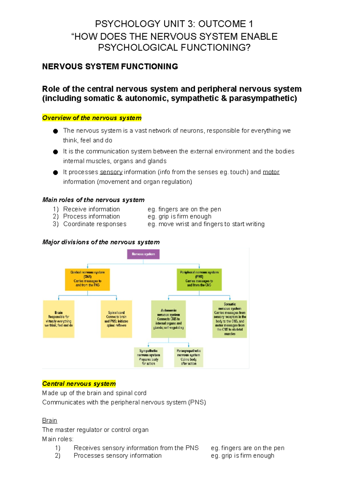 PSYCHOLOGY UNIT 3: NERVOUS SYSTEM FUNCTIONING OVERVIEW - Studocu