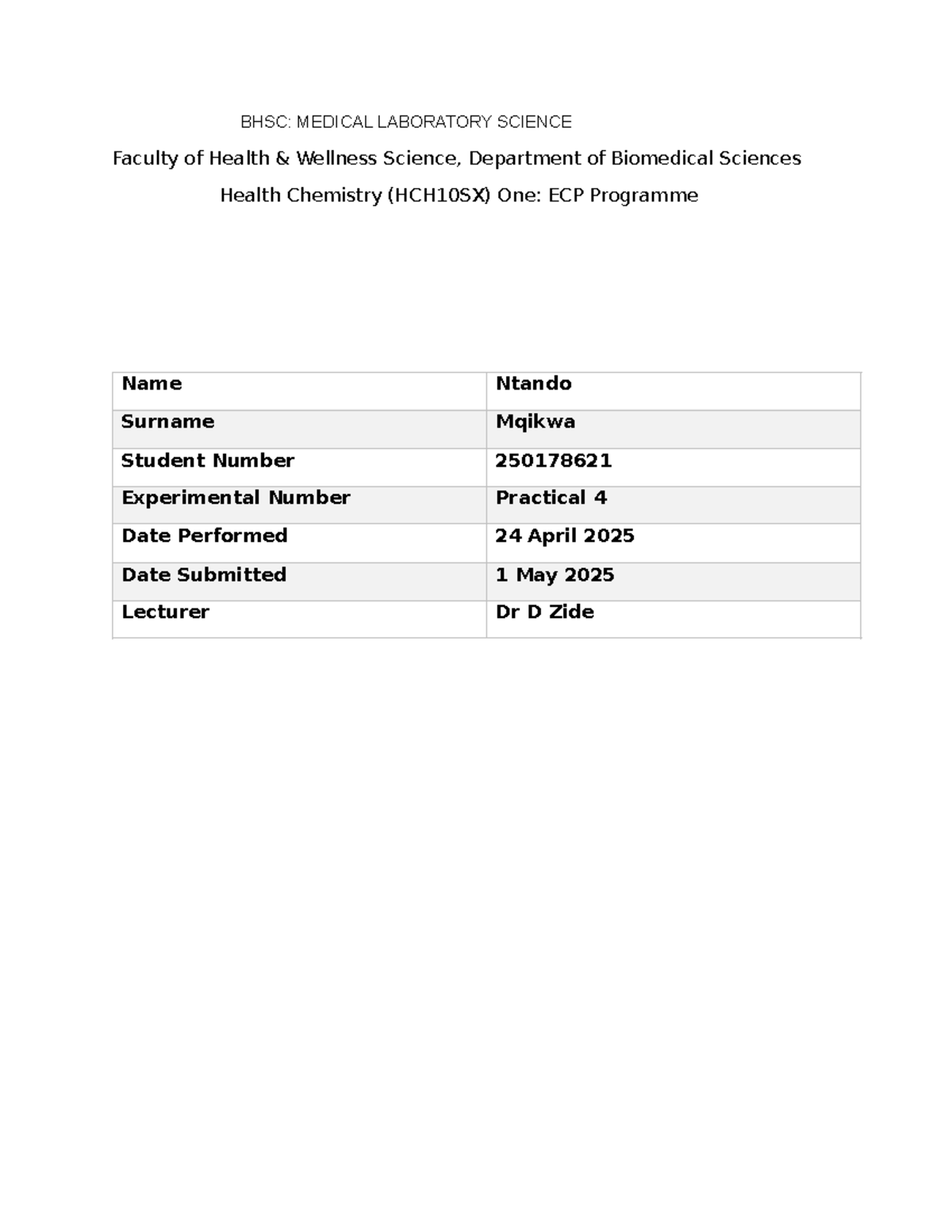 BHSC HCH10SX: Practical Report 4 on Permanganate Concentration ...