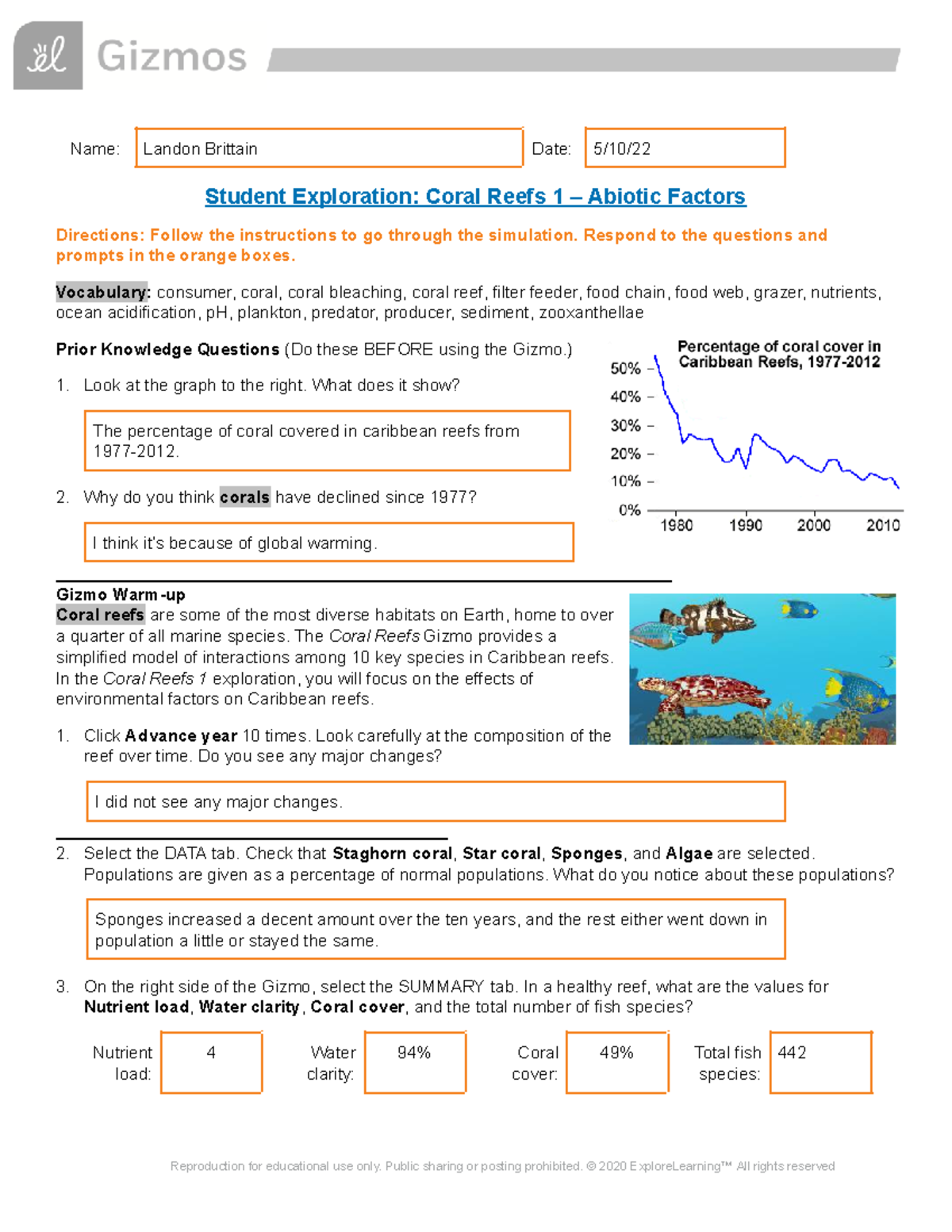 Copy of Coral Reef 1Se - Name: Landon Brittain Date: 5/10/ Student ...