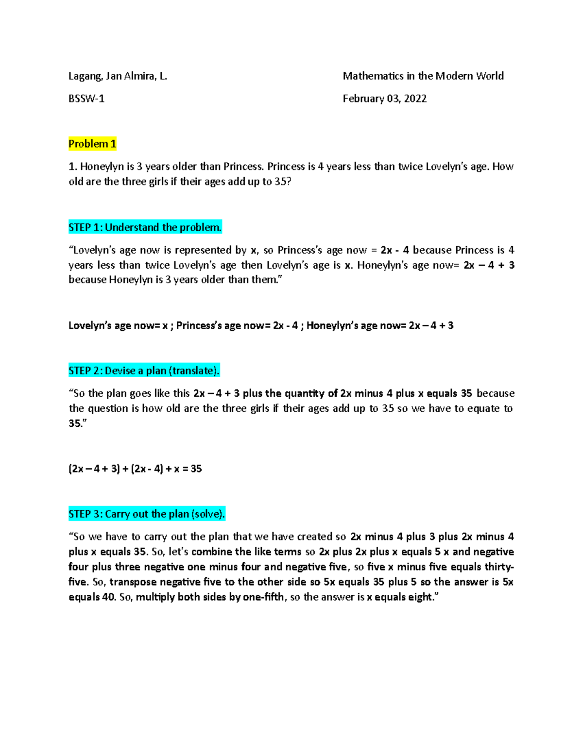 Example of Polya's Method - Mathematics in the Modern World - Studocu