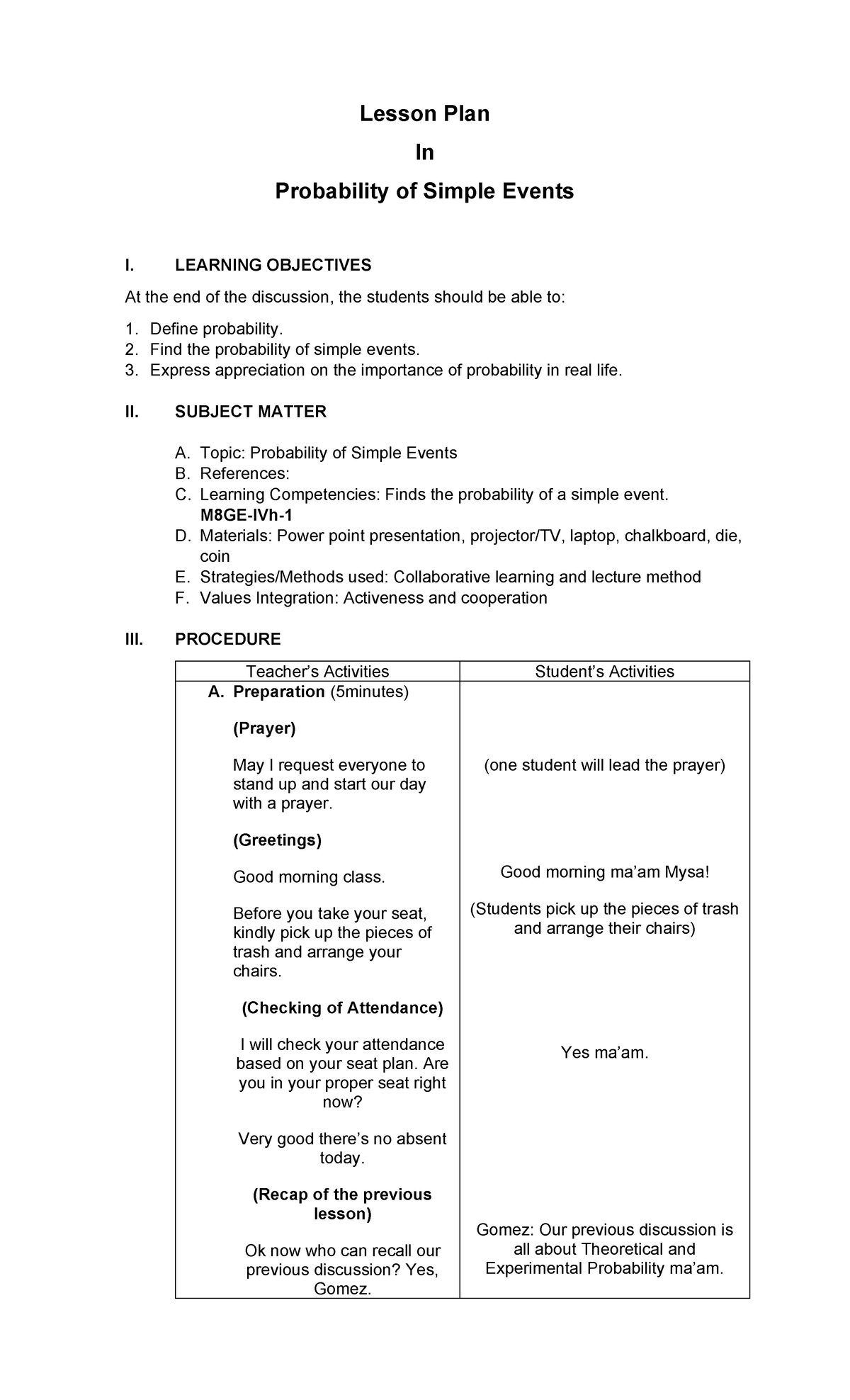 Lesson Plan: Probability of Simple Events (M8GE-IVh) - Studocu