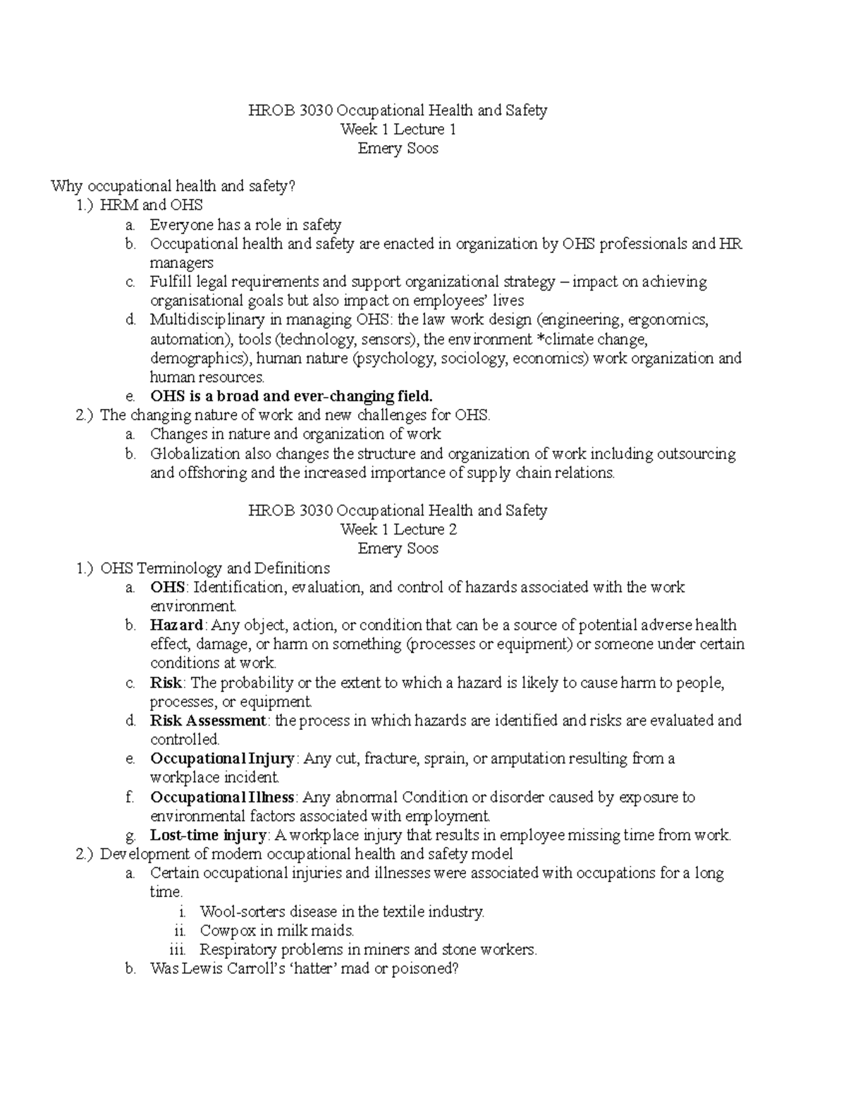 HROB 3030 Week 1 Lecture 1 notes - HROB 3030 Occupational Health and ...