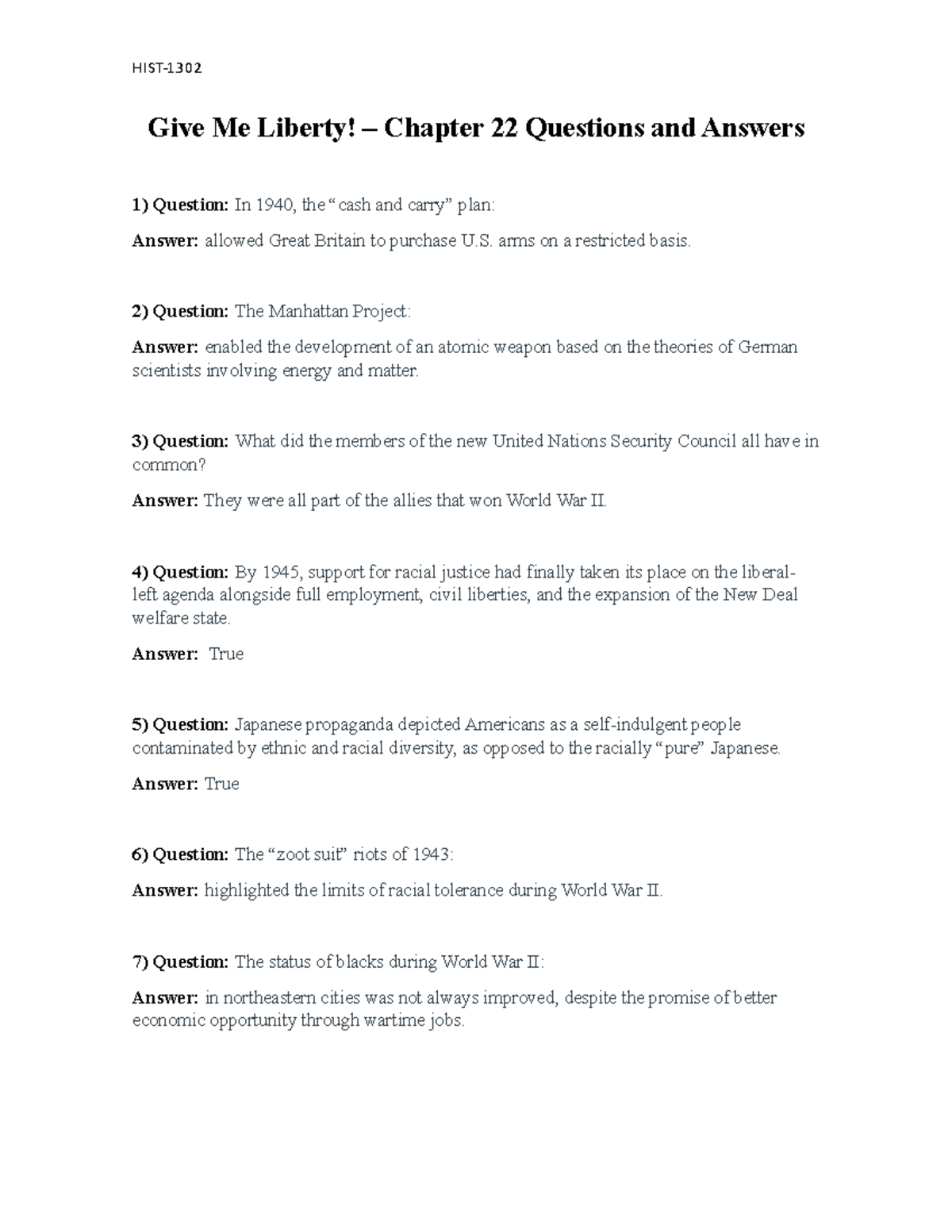 Chapter 22 Quiz - Give me liberty! Questions and Answers - HIST- Give ...