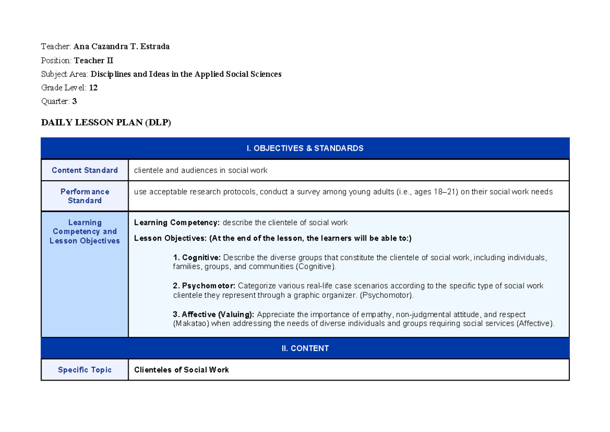 DLP Q3 CO1 Final: Lesson Plan on Social Work Clientele Analysis - Studocu