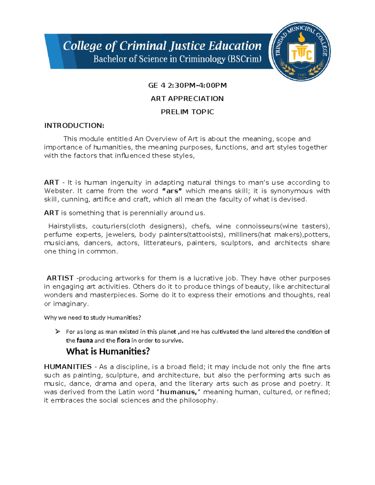 ART APP 101 Prelim - Overview of Art and Humanities Concepts - Studocu