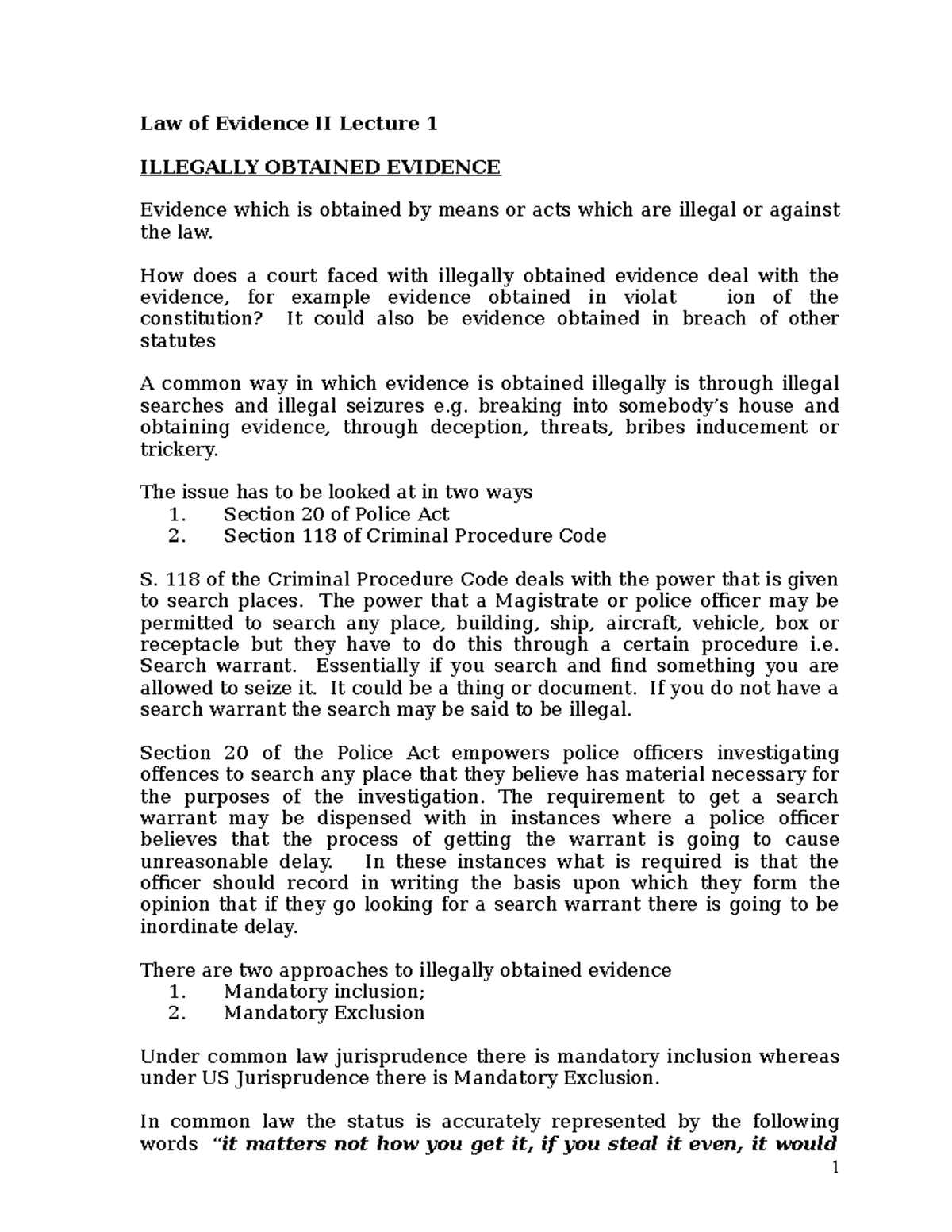 Law of Evidence II: Lecture on Illegally Obtained Evidence - Studocu