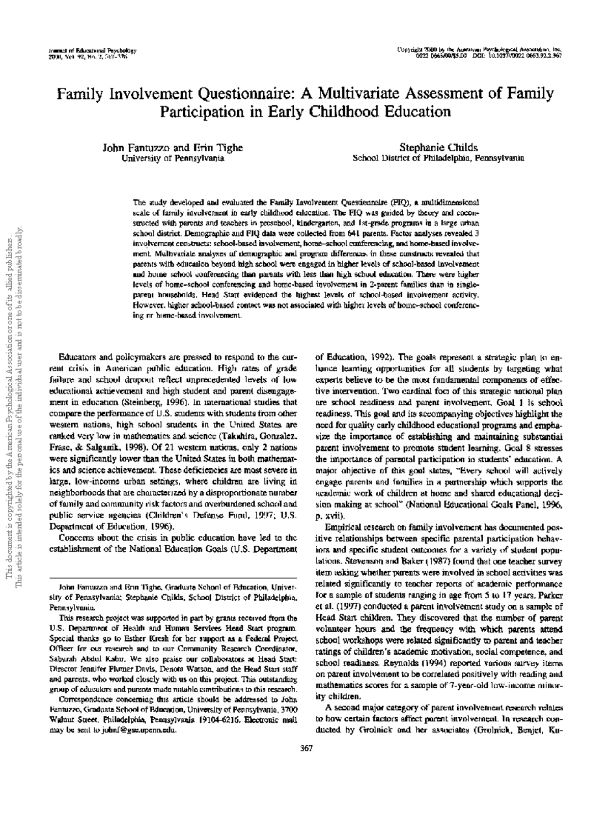 Family Involvement Questionnaire: Evaluating Parental Engagement in ...
