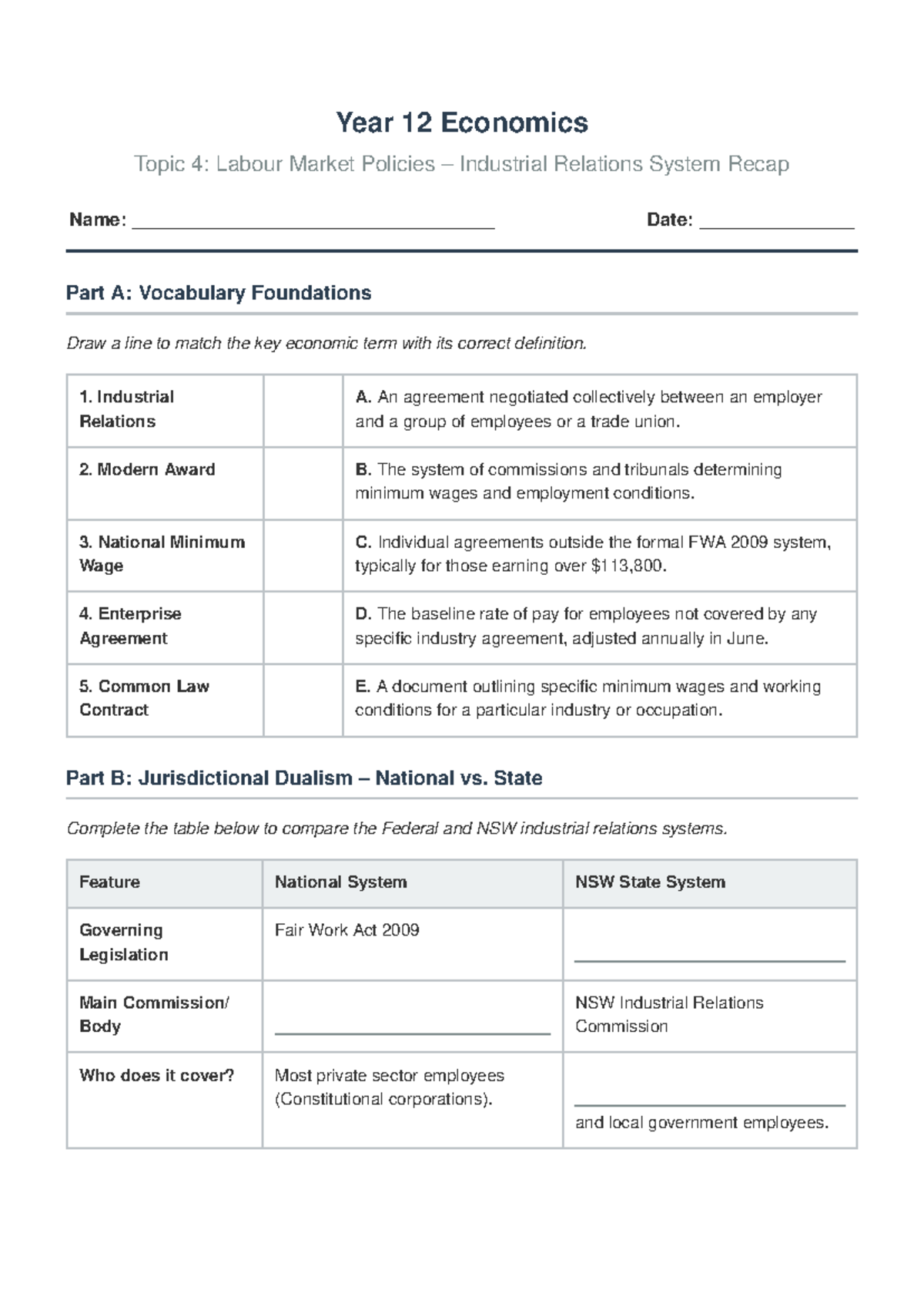 Yr 12 Economics Topic 4: Labour Market Policies Recap Worksheet - Studocu