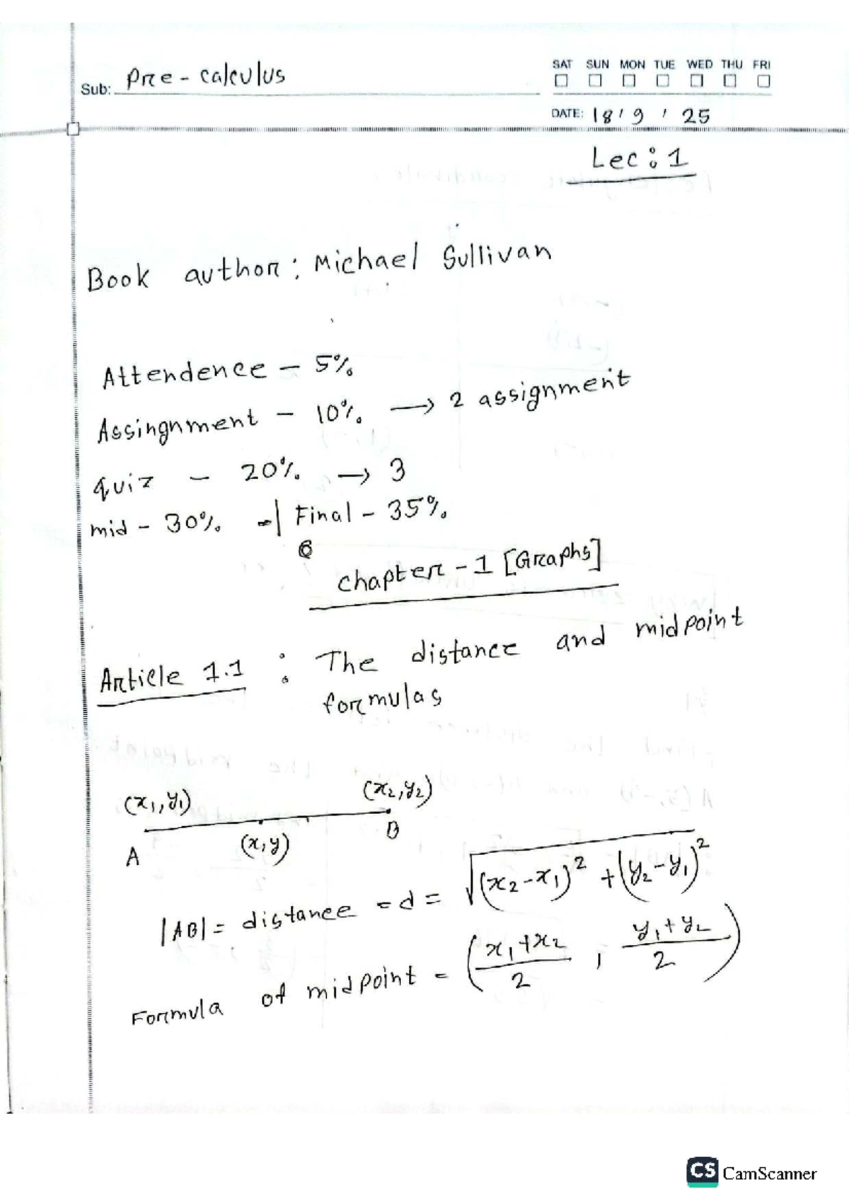 Precalculus CS: Chapter 1 - Distance, Midpoint, and Triangles - Studocu