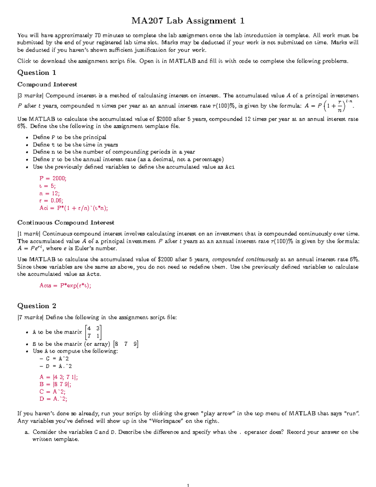 MA207 Lab Assignment 1: MATLAB Solutions and Calculations - Studocu