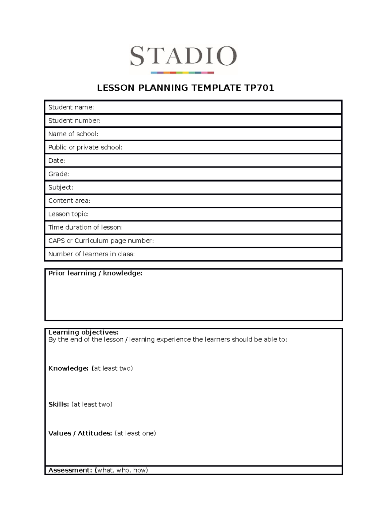 Geberic Stadio Lesson Plan Template TP701 - LESSON PLANNING TEMPLATE TP ...