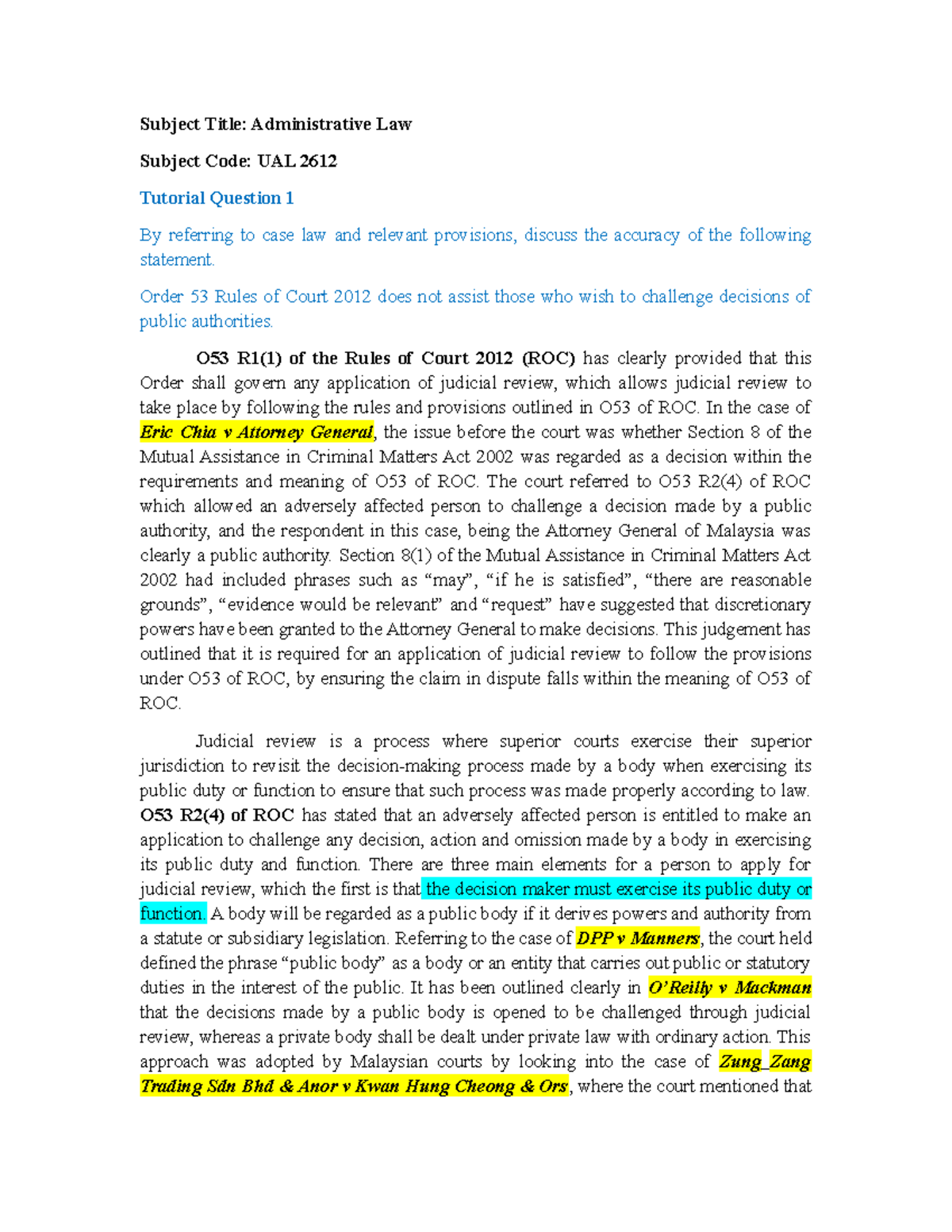 Tutorial Questions - Week 5: Analyzing O53 of ROC in UAL 2612 - Studocu