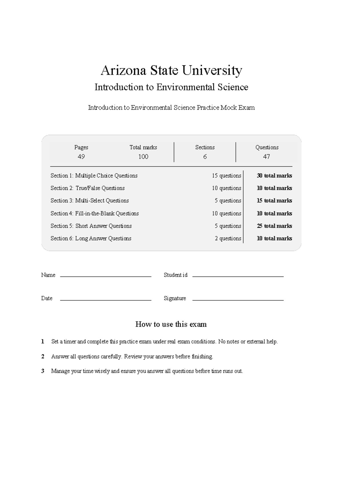 BIO 130M ASU Introduction to Environmental Science Practice Exam 2026 ...