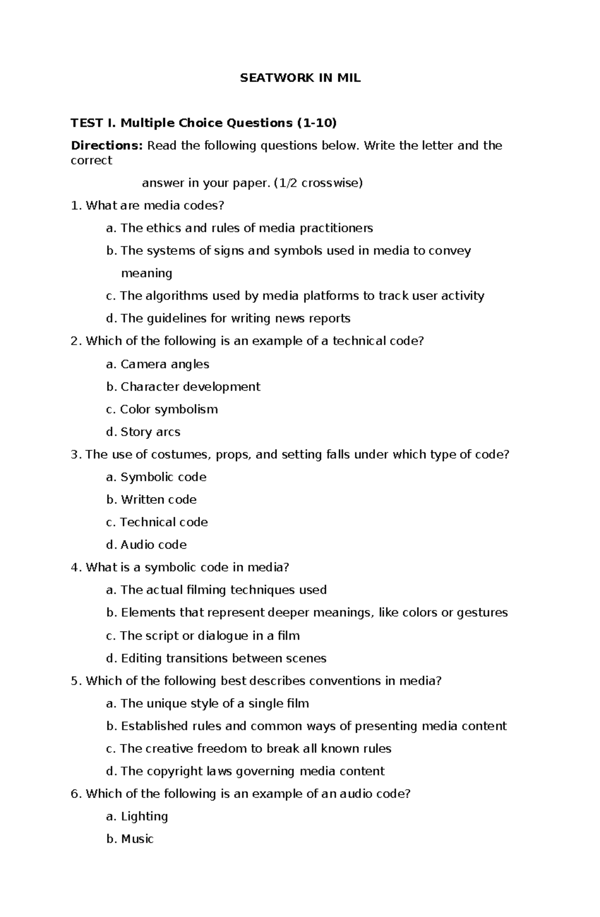 MIL Seatwork: Media Codes & Conventions Quiz and Test Answers - Studocu