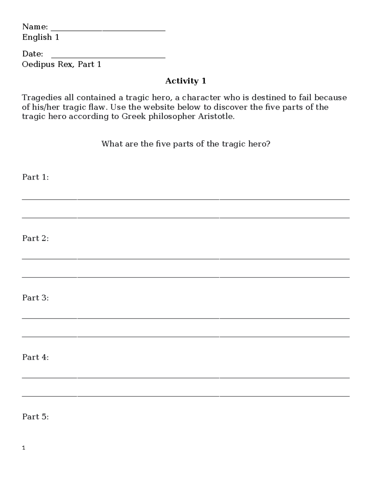 ENG 1 Oedipus Rex Part 1 - Name: _____________________________ English ...