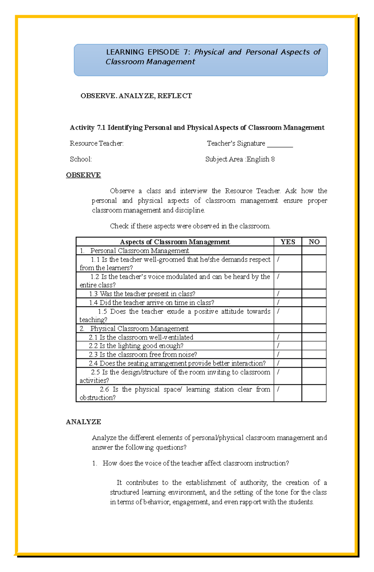 Field Study 1: Episode 7 - Classroom Management Strategies in English 8 ...