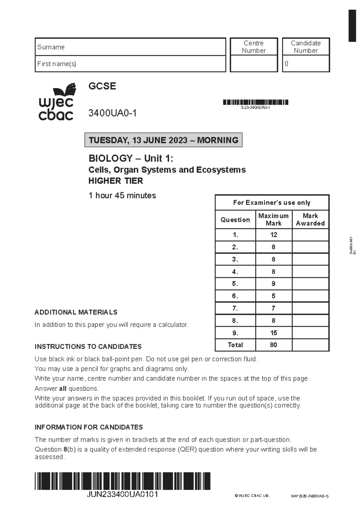 GCSE Biology Unit 1 Higher Tier Exam Paper - June 2023 - Studocu