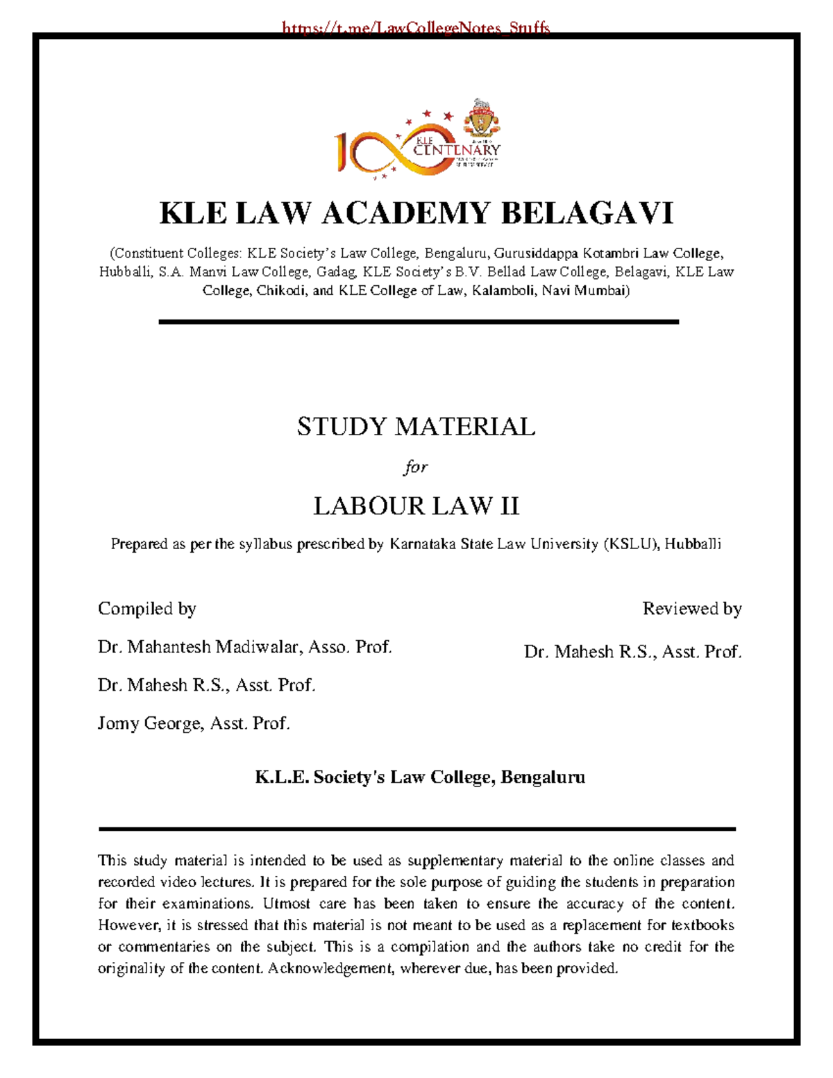 KLE LAW ACADEMY: Comprehensive Labour Law II Study Material - Studocu