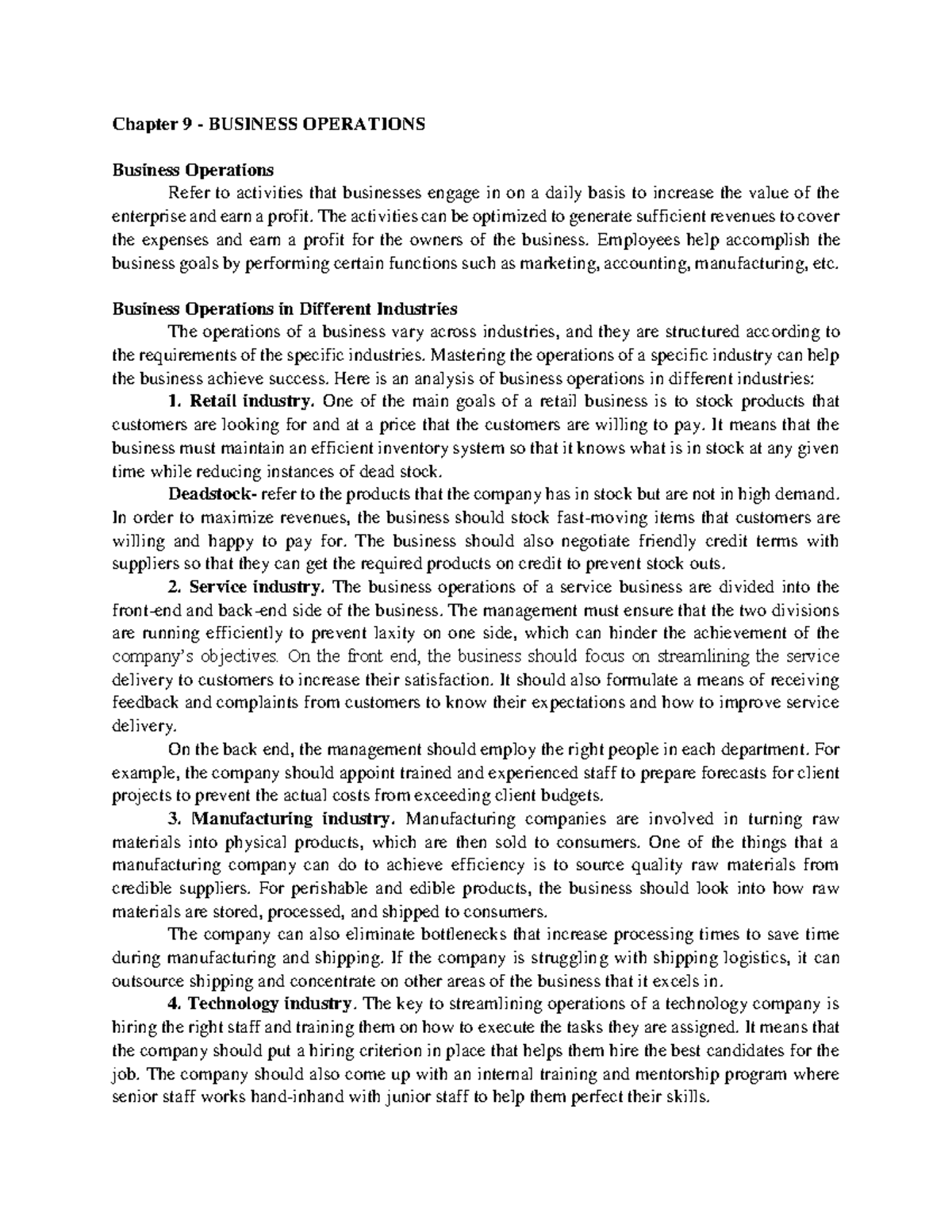 Chapter IX (IBT) - IBT - Chapter 9 - BUSINESS OPERATIONS Business ...