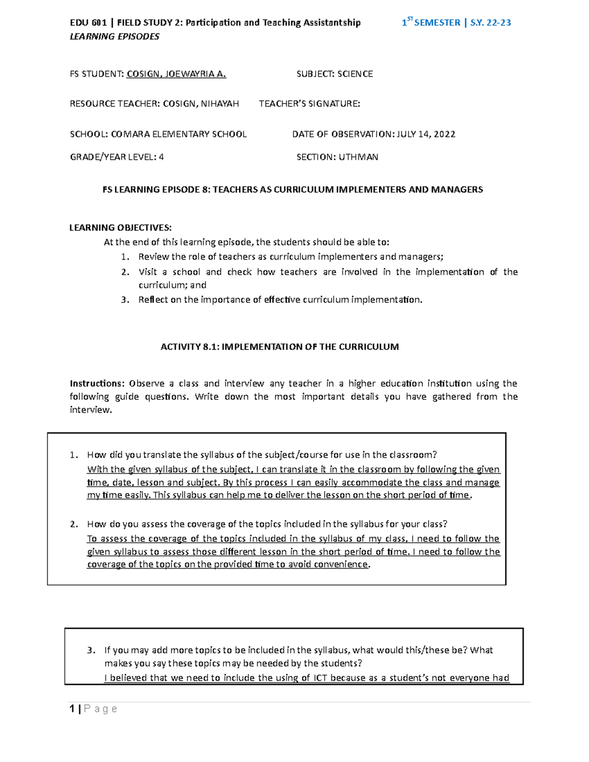 FS2 Episode 8 - EDU 601 | FIELD STUDY 2: Participation and Teaching Assistantship 1 ST SEMESTER ...