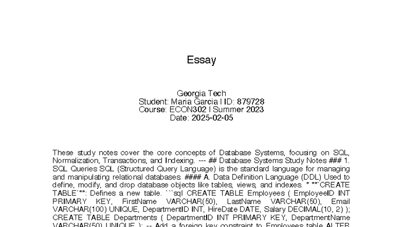 ECON302 Summer 2023: Database Systems Study Notes on SQL Concepts - Studocu