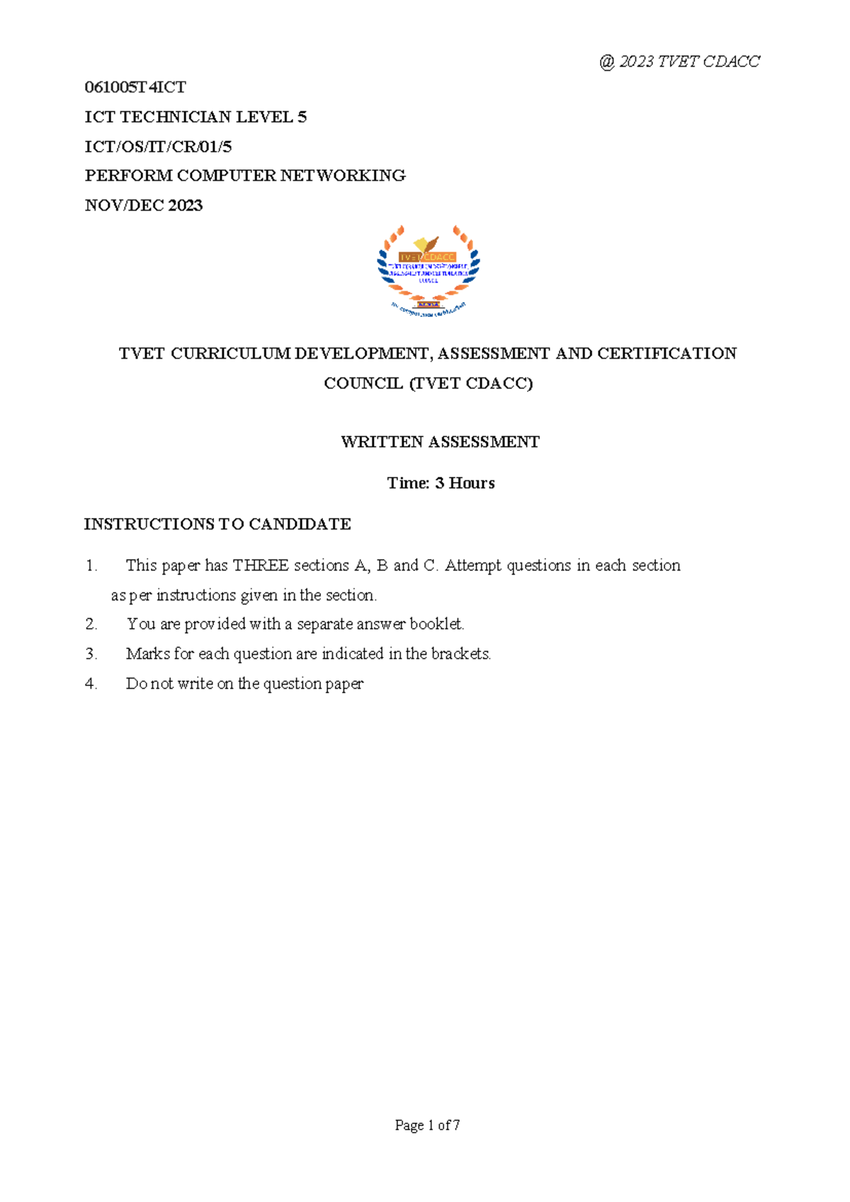 ICT 061005T4 - Computer Networking Written Assessment (Nov/Dec 2023 ...
