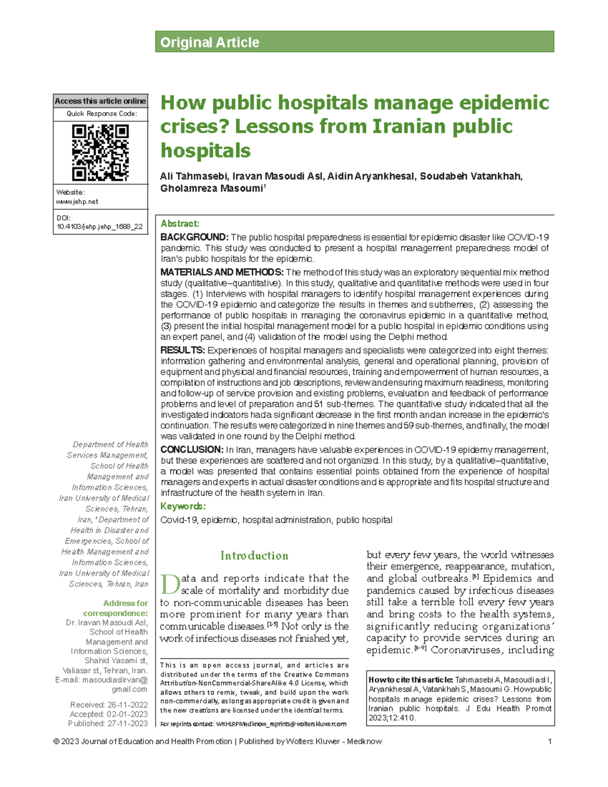 How Public Hospitals in Iran Manage Epidemic Crises: A Model for ...