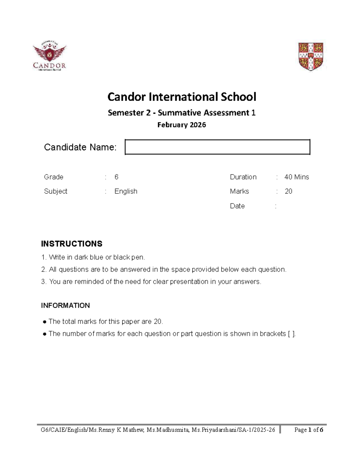 Candor International School Grade 6 English Summative Assessment 1 ...