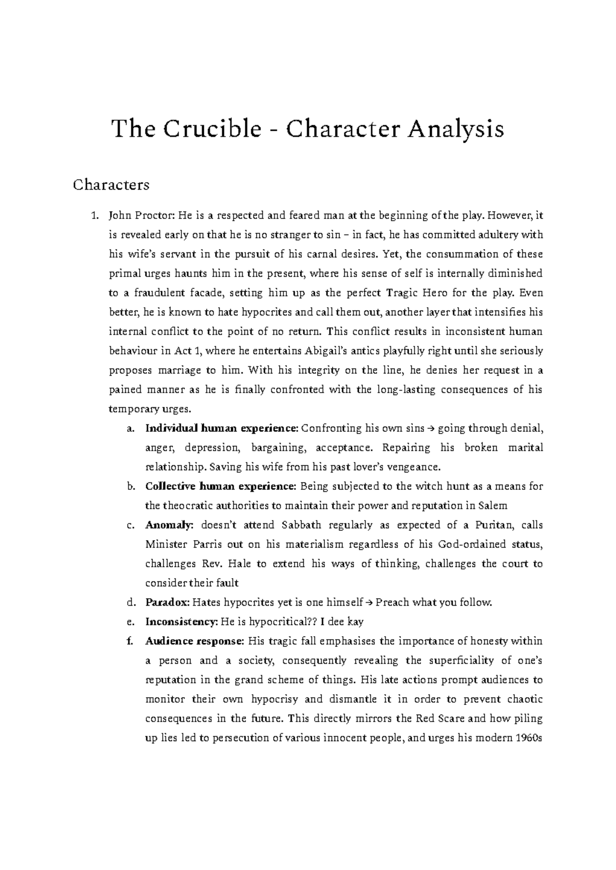Crucible - Proctor Analysis - The Crucible - Character Analysis ...