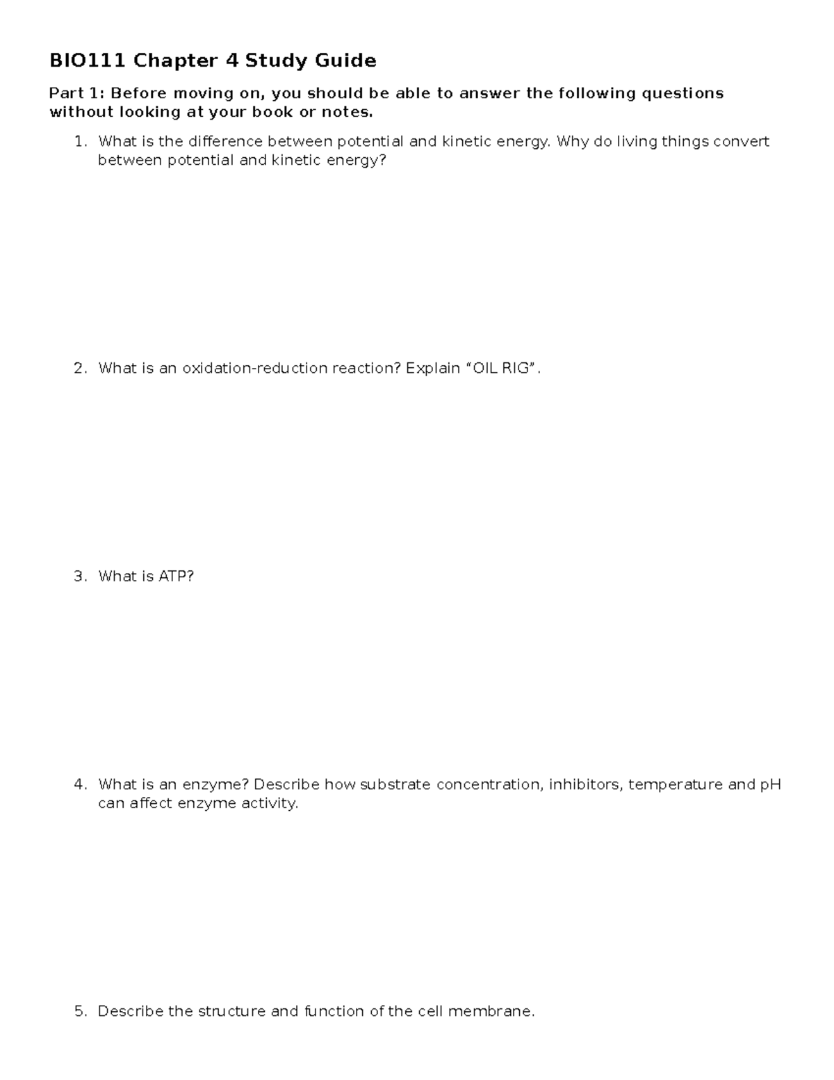 BIO111 Chapter 4 Exam Study Guide: Energy, Enzymes & Membrane Functions ...
