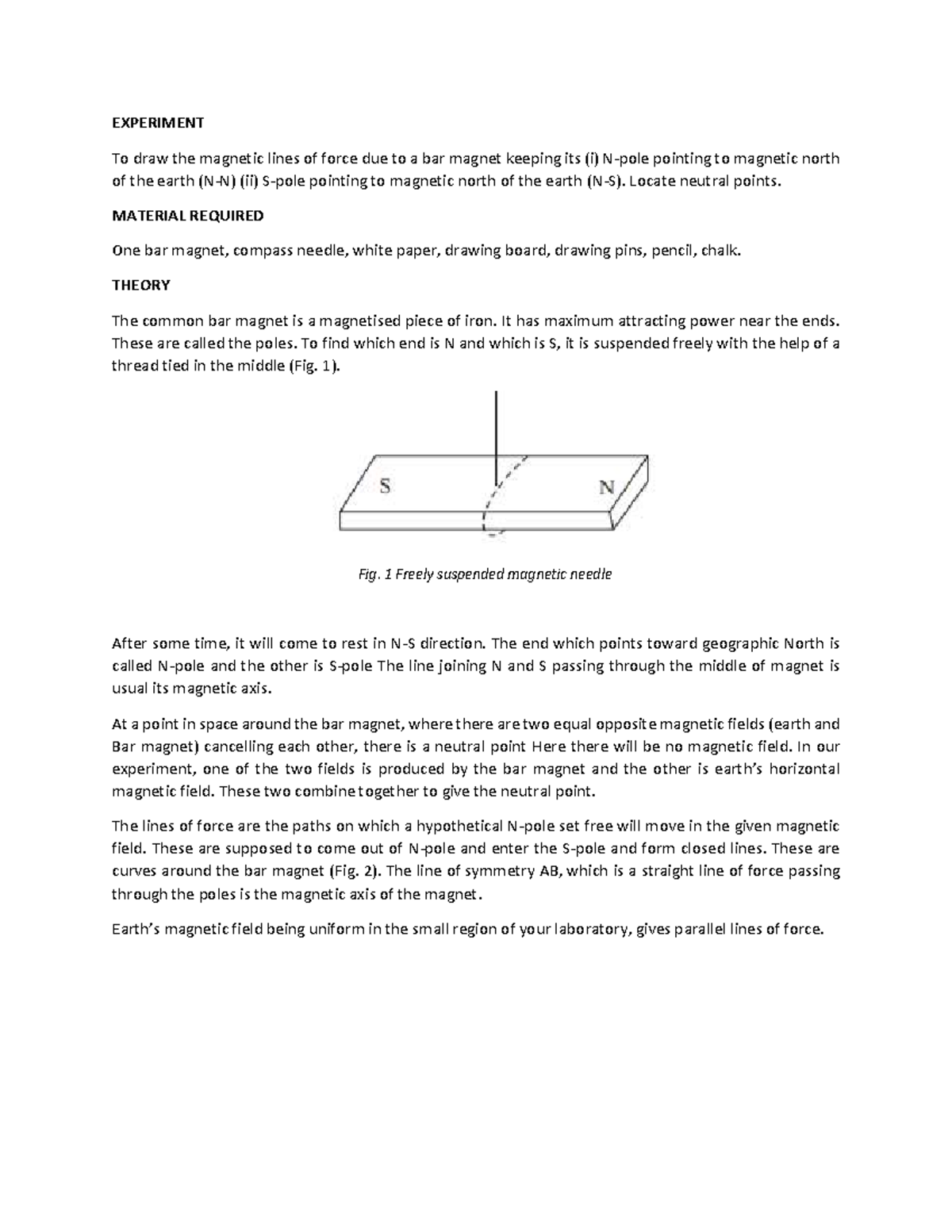 Magnetic Lines of Force Experiment: Bar Magnet Analysis (PHY101) - Studocu