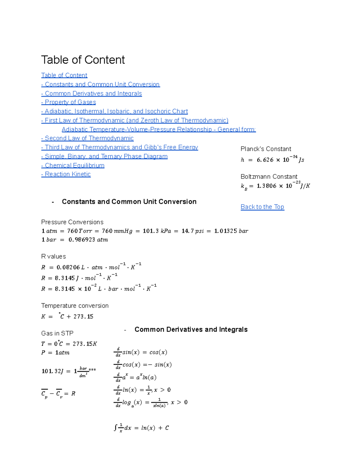 Pchem 2023 Equation Sheet: Key Concepts and Relationships - Studocu