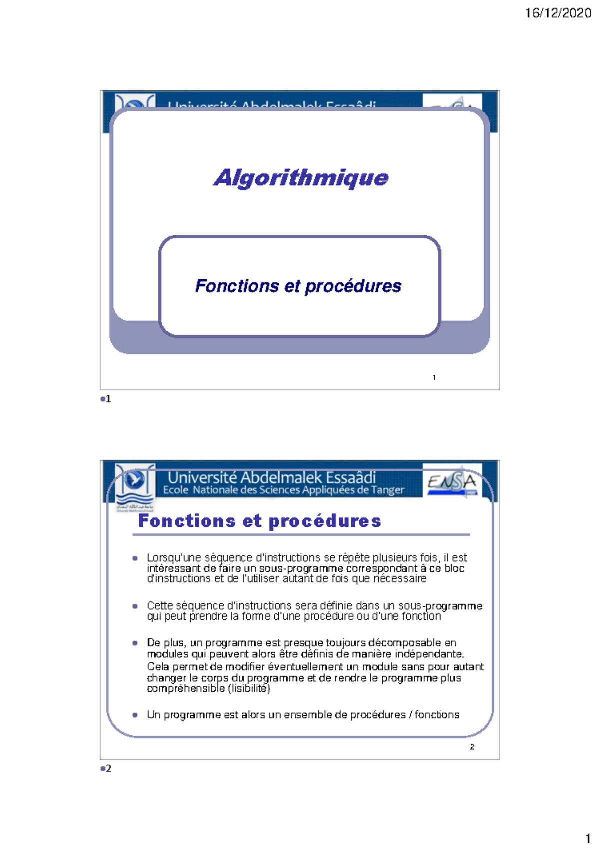 Cours partie 4 - chapitre 4: les fonctions et procédures - 1 Algorithmique Fonctions et ...