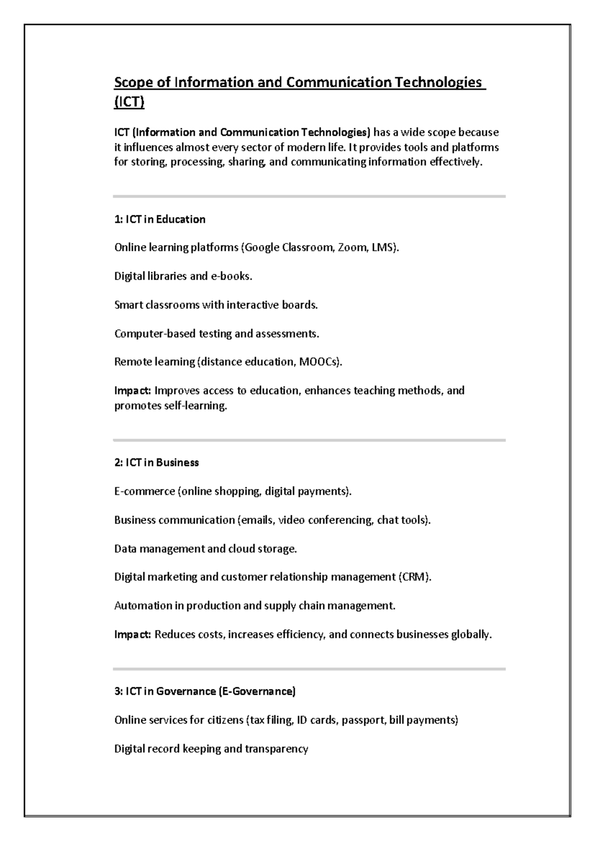 ICT Scope: Impact on Education, Business, Governance, and Healthcare ...