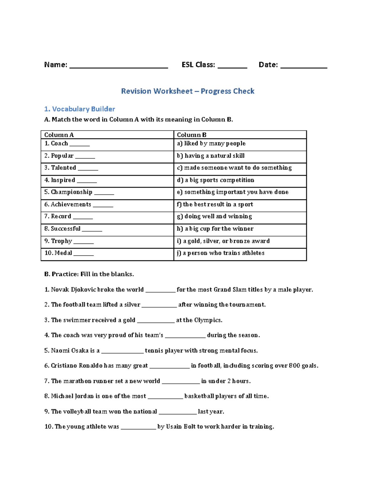 Revision Worksheet Progress Check 1: ESL Vocabulary & Grammar S6 - Studocu