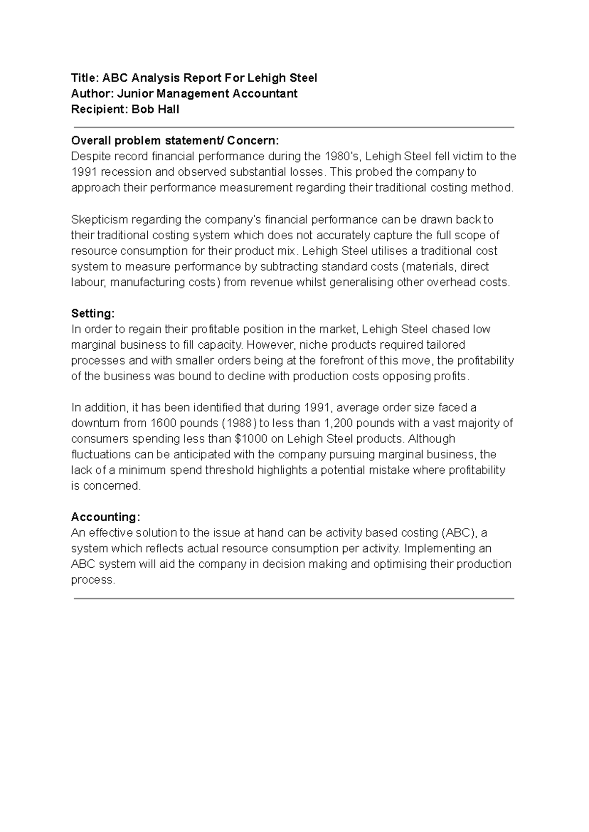 ABC Analysis Report for Lehigh Steel: Performance Measurement Insights - Studocu