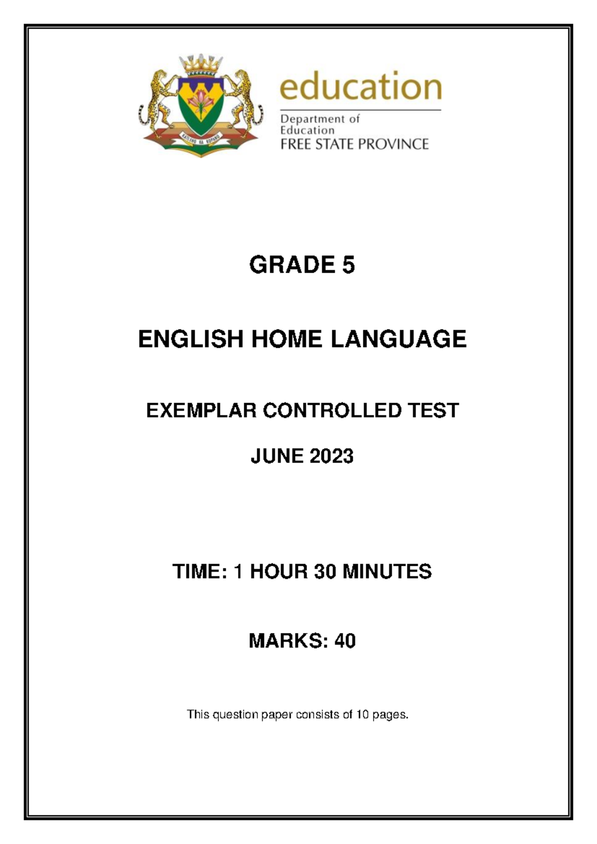 Grade 5 EHL Controlled Test June 2023 - Exemplars & Instructions - Studocu