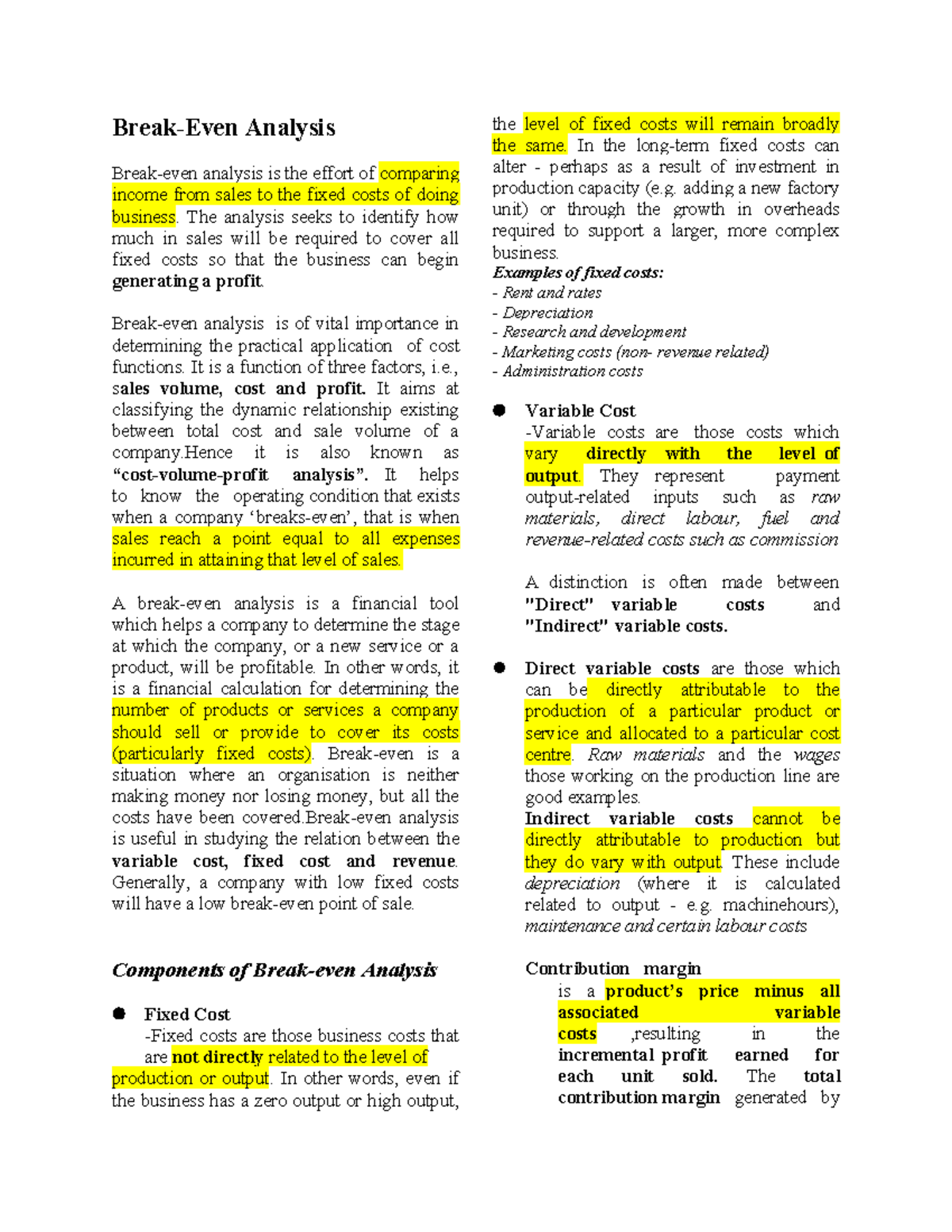 Analysis of Break-Even Point in Business Costs and Sales - Studocu