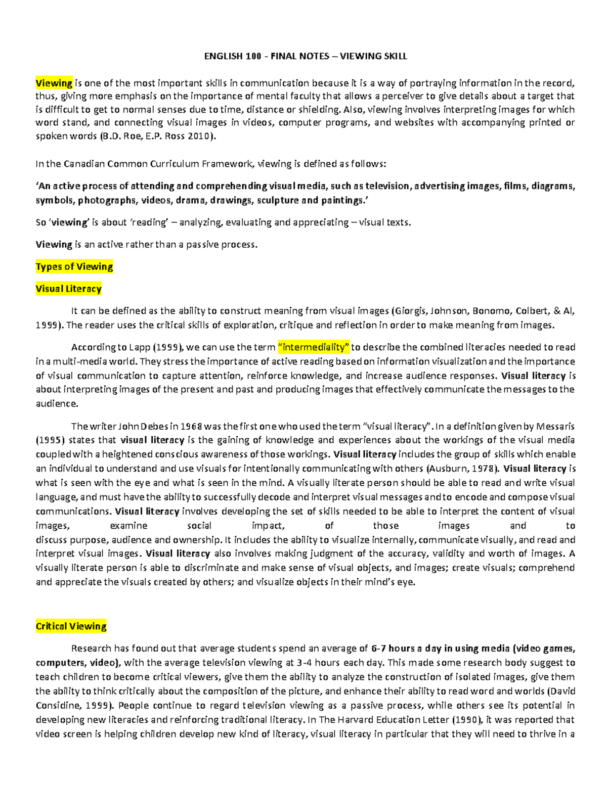 Viewing Skills up to Multi-modal project - ENGLISH 100 - FINAL NOTES ...