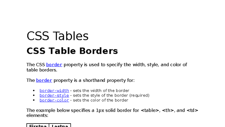 CSS Tables - LECTURE NOTES on Borders, Padding, and Sizing - Studocu