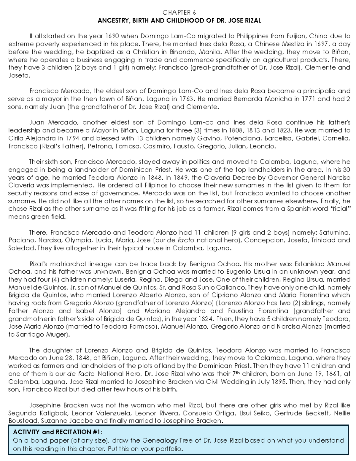 CHAPTER 6: ANCESTRY AND CHILDHOOD OF DR. JOSE RIZAL - Studocu