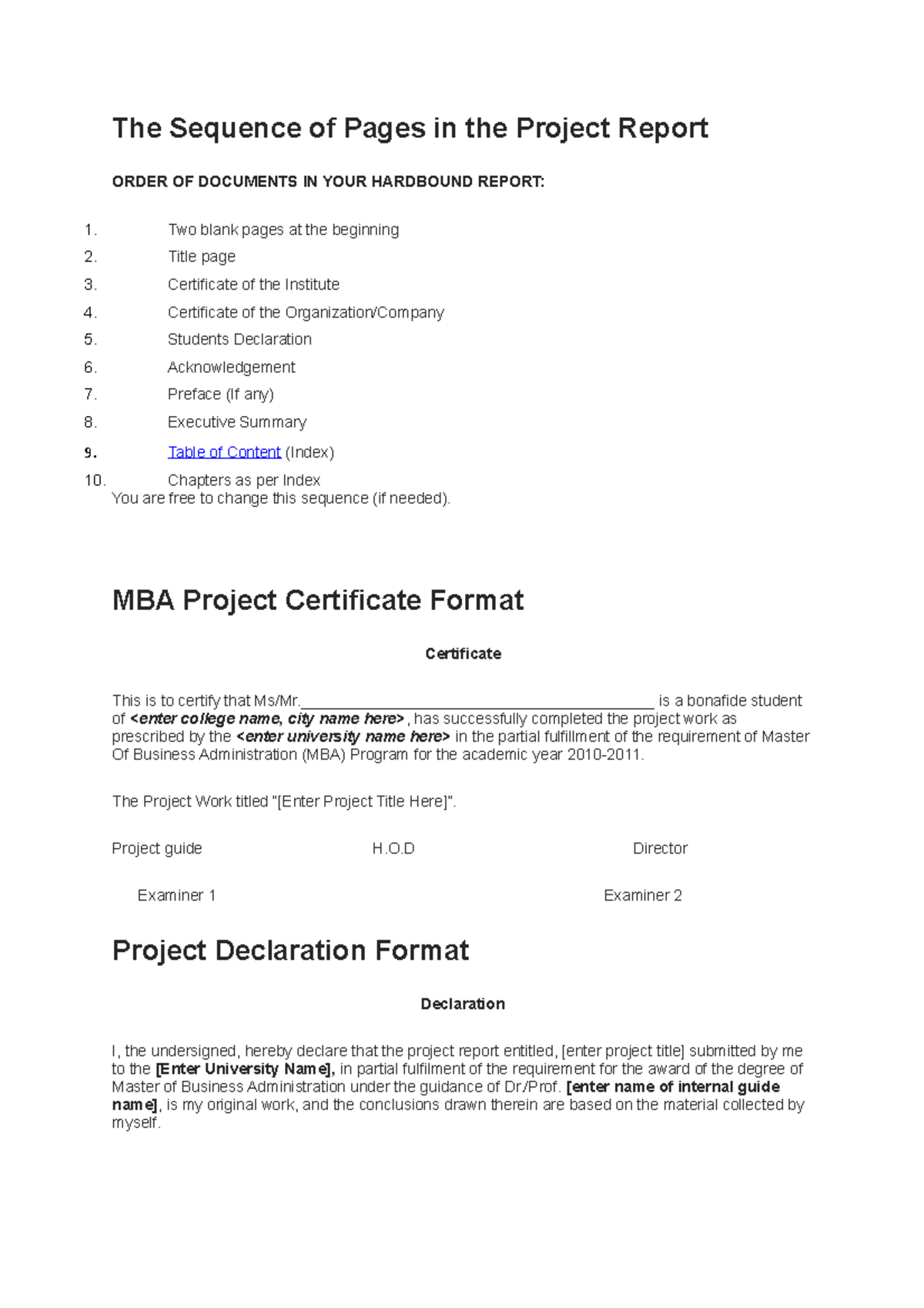 MBA Project Report: Sequence and Format Guidelines - Studocu