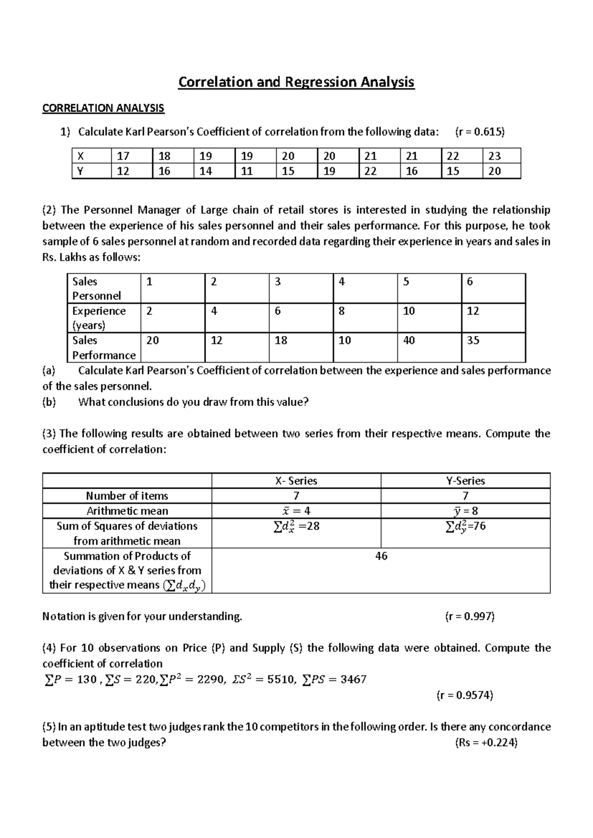 Correlation & Regression Analysis Sums (Stats 101) - Studocu