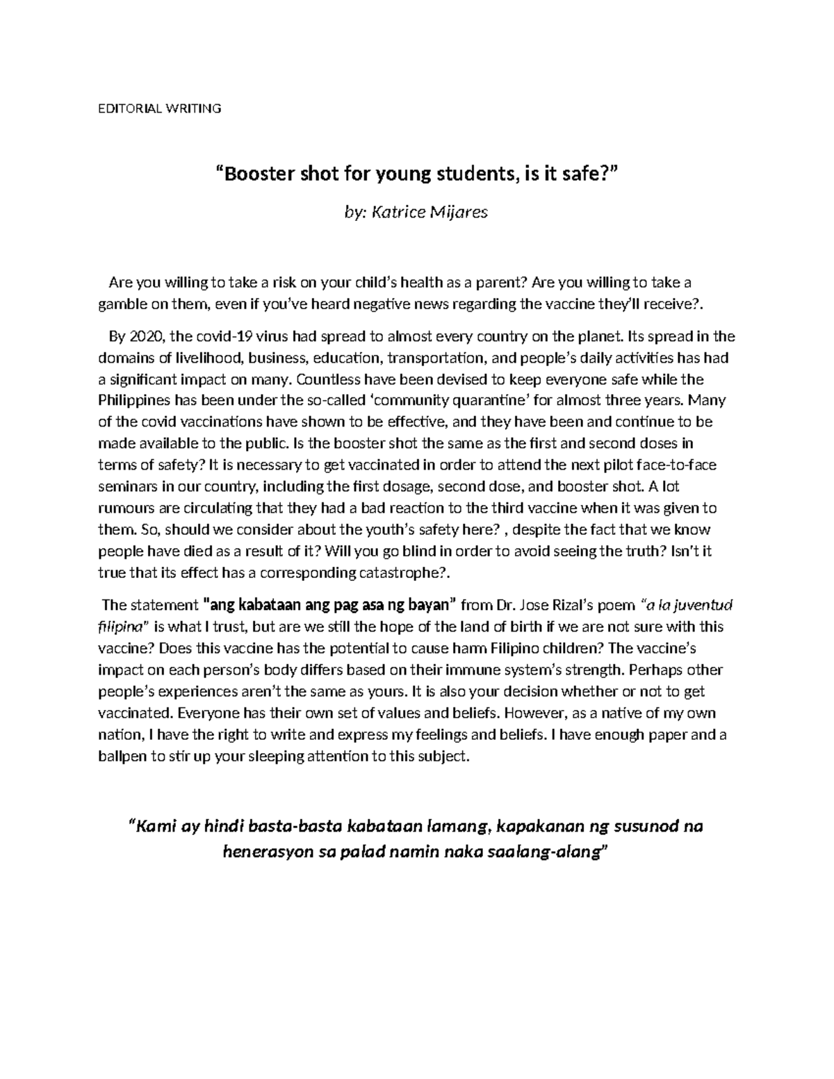 Booster shot for young students - EDITORIAL WRITING “Booster shot for ...