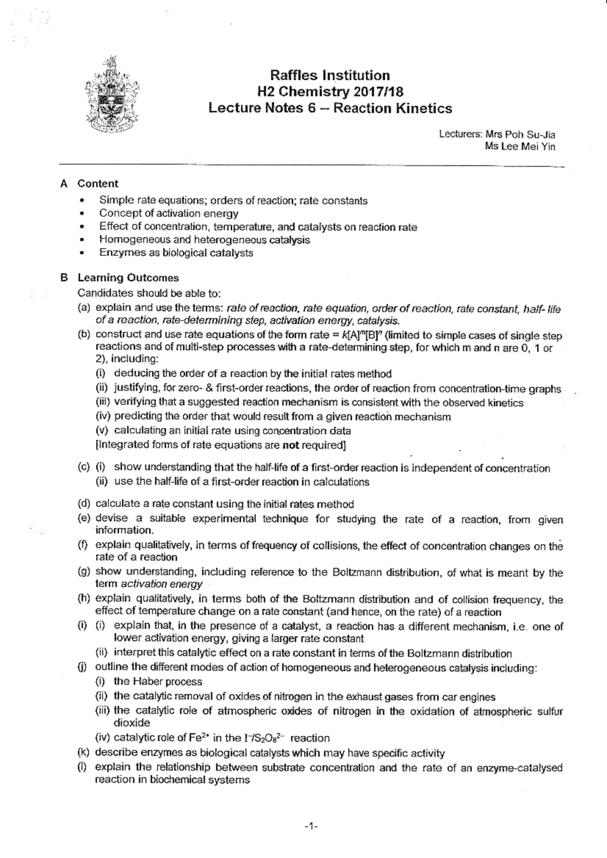 Lecture Notes 6 - Reaction Kinetics - biochemistry - Studocu