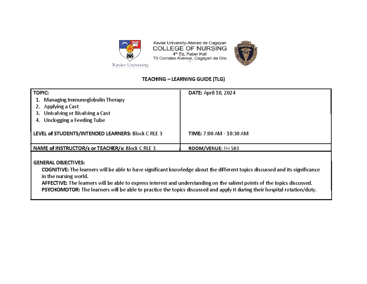 Teaching-Learning Guide (TLG) for Nursing Block C RLE 3 - Studocu