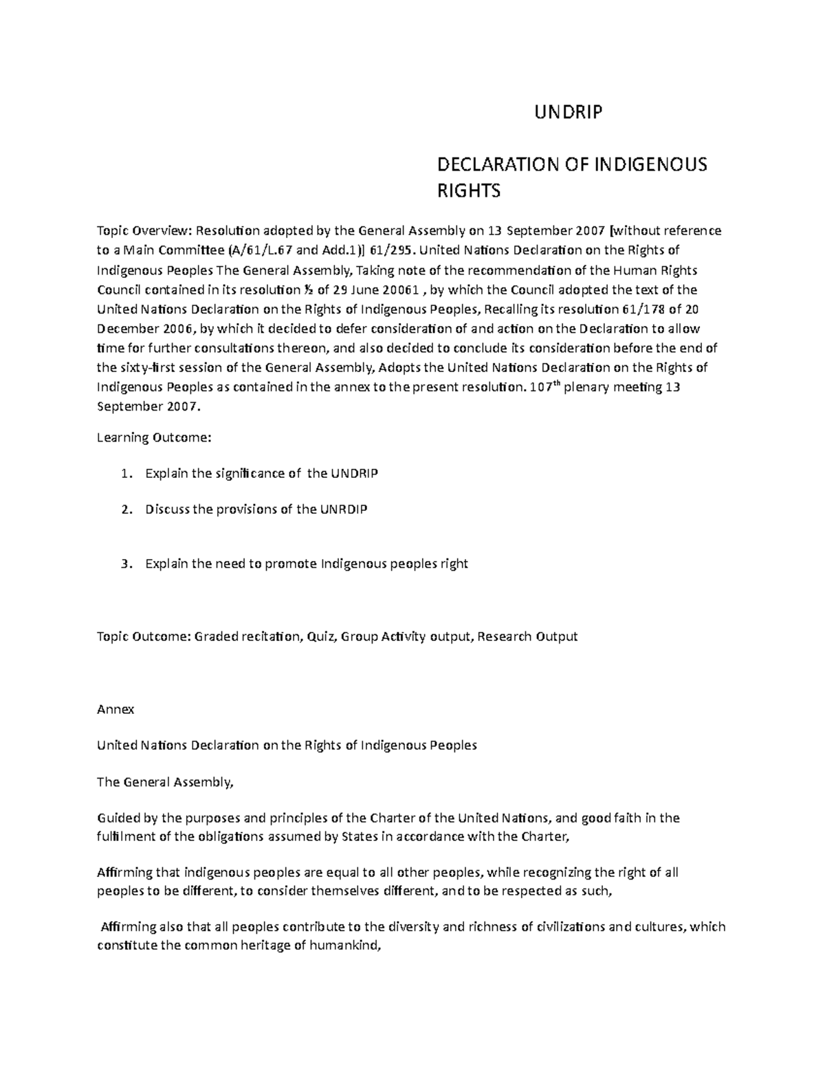 UNDRIP: Analysis of the Declaration on Indigenous Rights - Studocu
