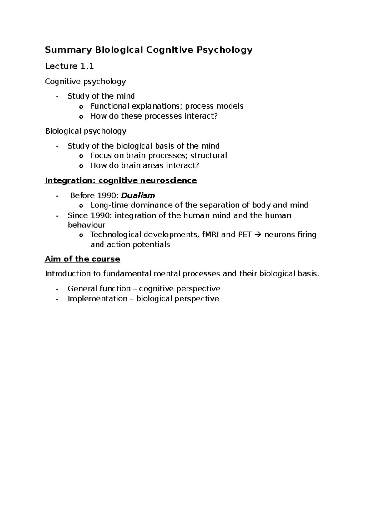 Summary of Biological Cognitive Psychology - Lecture Notes (PSY 101 ...