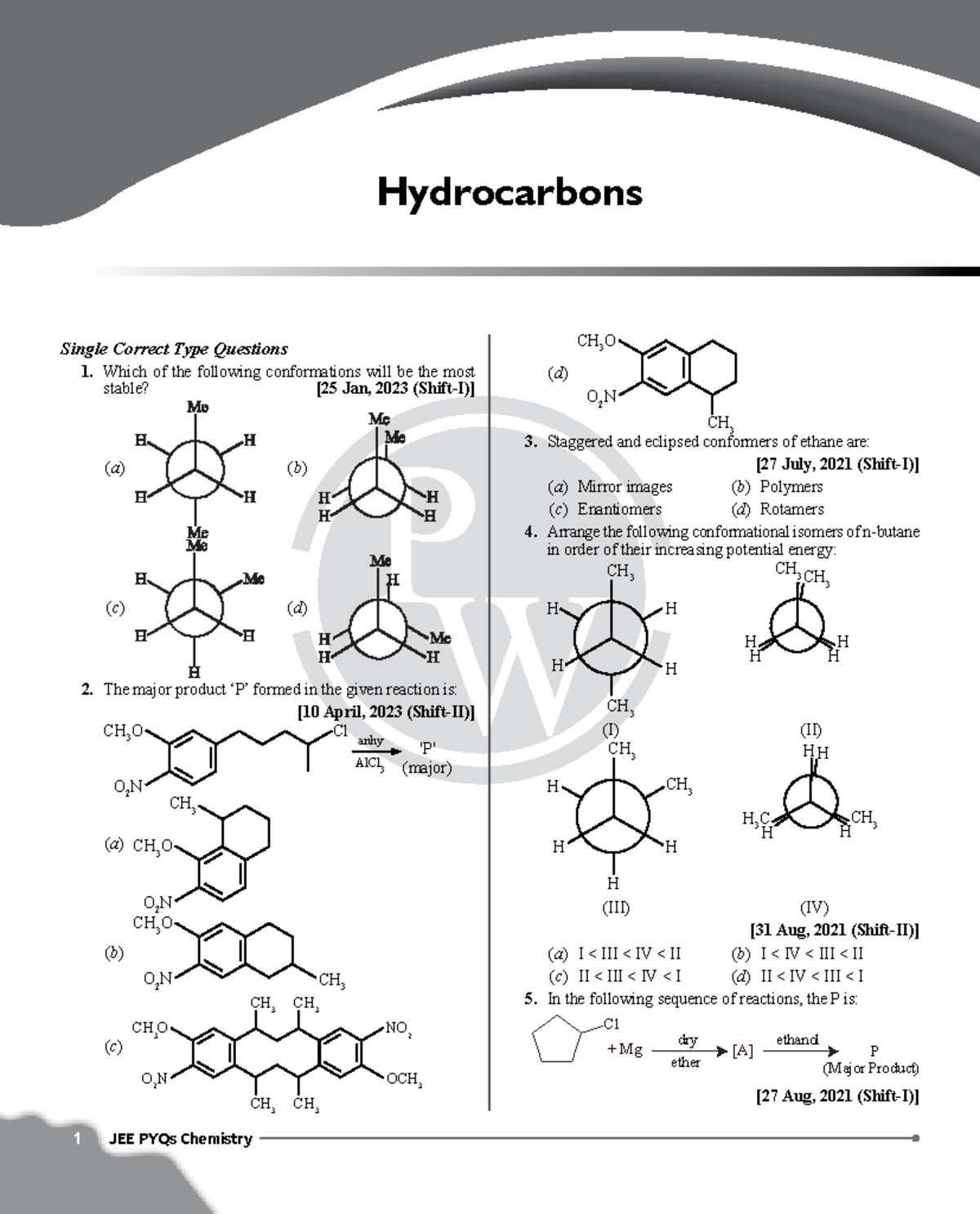 Hydrocarbons JEE PYQs Practice Sheet: Conformational Analysis and ...