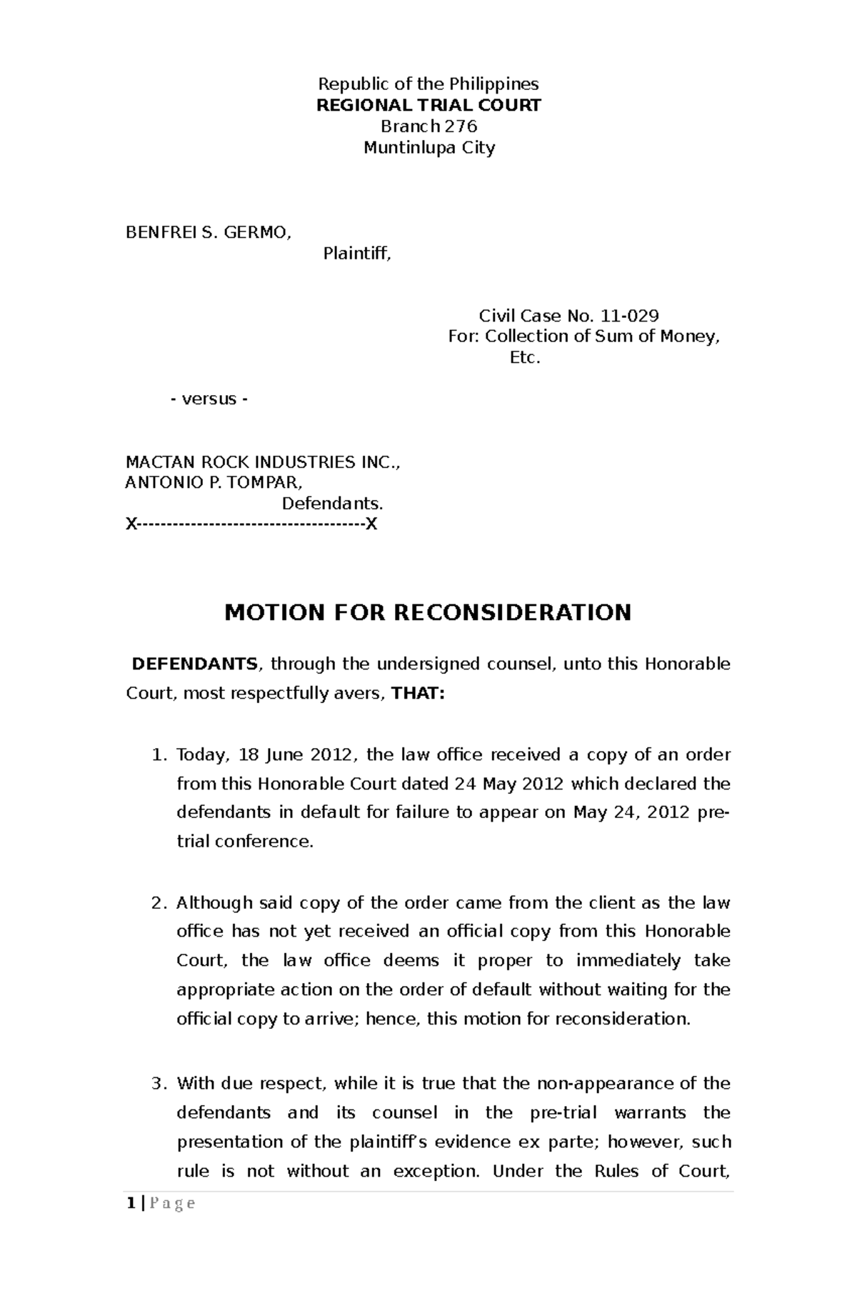 Motion for Reconsideration - Civil Case No. [Collection of Money] - RTC ...